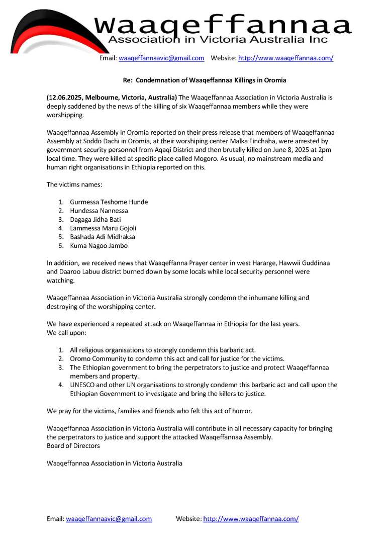 Condemnation of Waaqeffannaa Killings in Oromia | Advocacy for Oromia