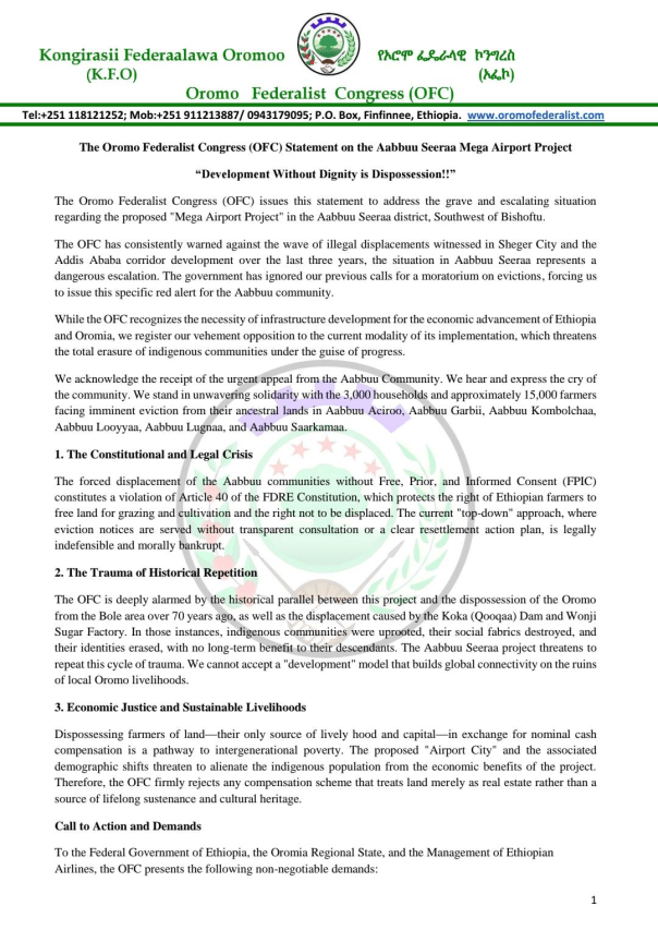 Oromo Congress Challenges Addis Mega Airport Project | Advocacy for Oromia